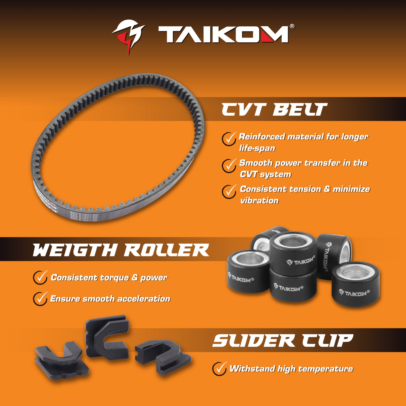 TAIKOM RACING Combo Set Timing Belt + CVT Roller + Clip Honda PCX150 ...