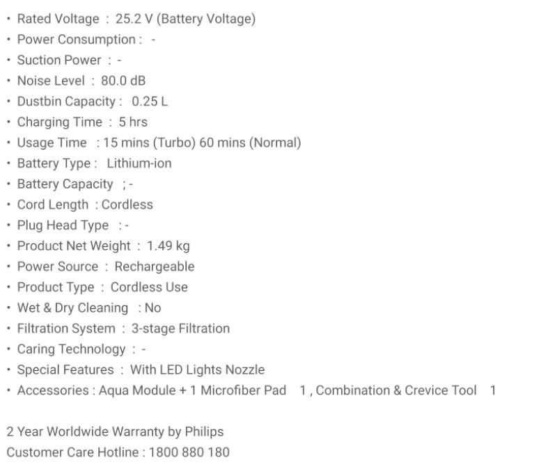 Philips PowerCyclone 8 Aqua Cordless Vacuum Cleaner Series 3000 XC3133 ...