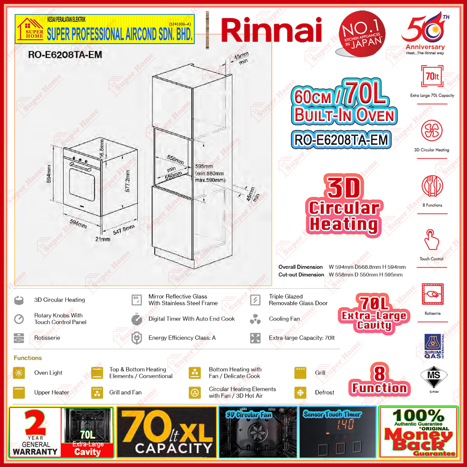Rinnai Chimney Hood RH-C3819-PBW / Rinnai Gas Hob RB-983G 88cm (4.5kW) / Rinnai Built-In Oven RO ...