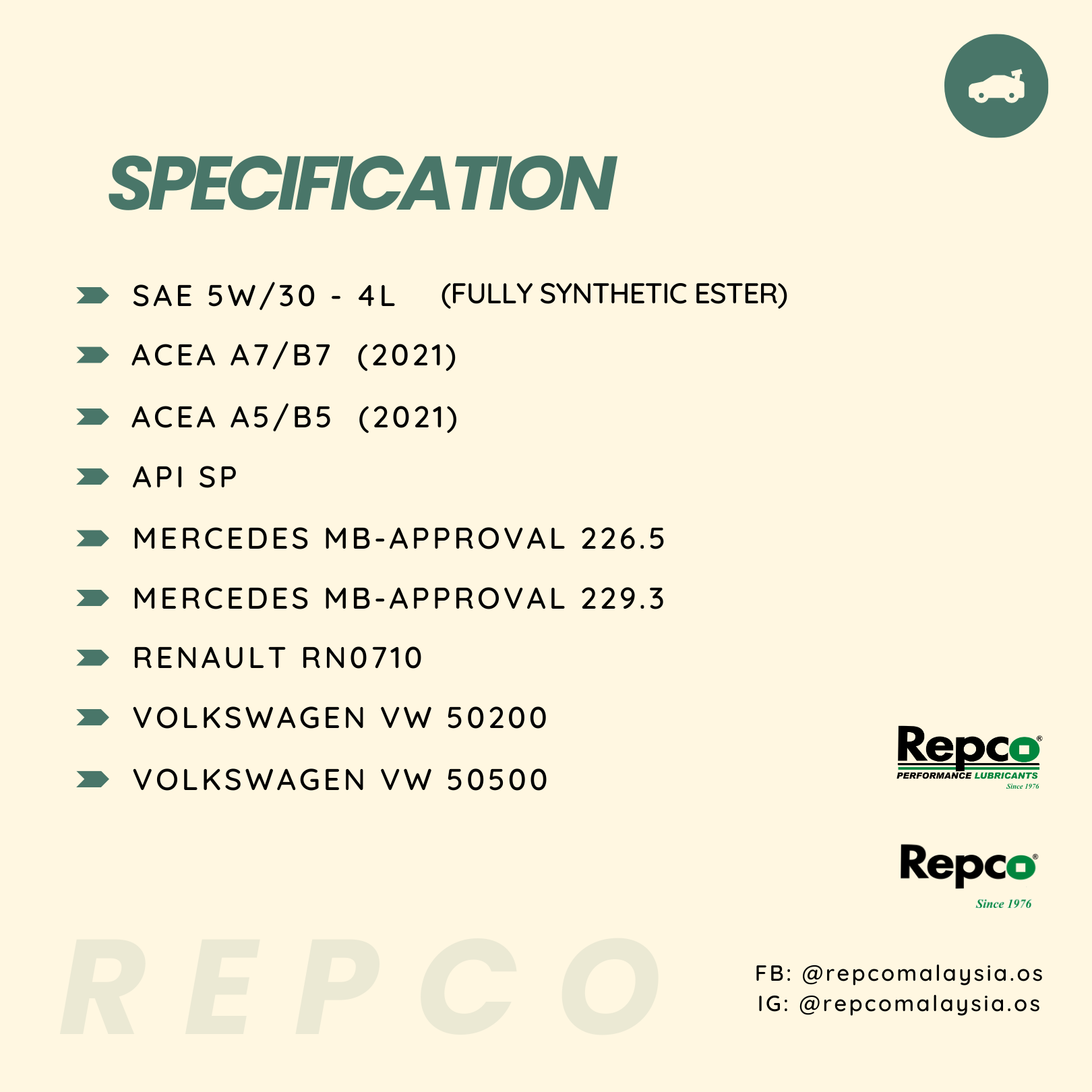 Repco® REPTEC-5 5W/30 (4L) ACEA A7/B7, A5/B5, API SP + Ester Premium ...