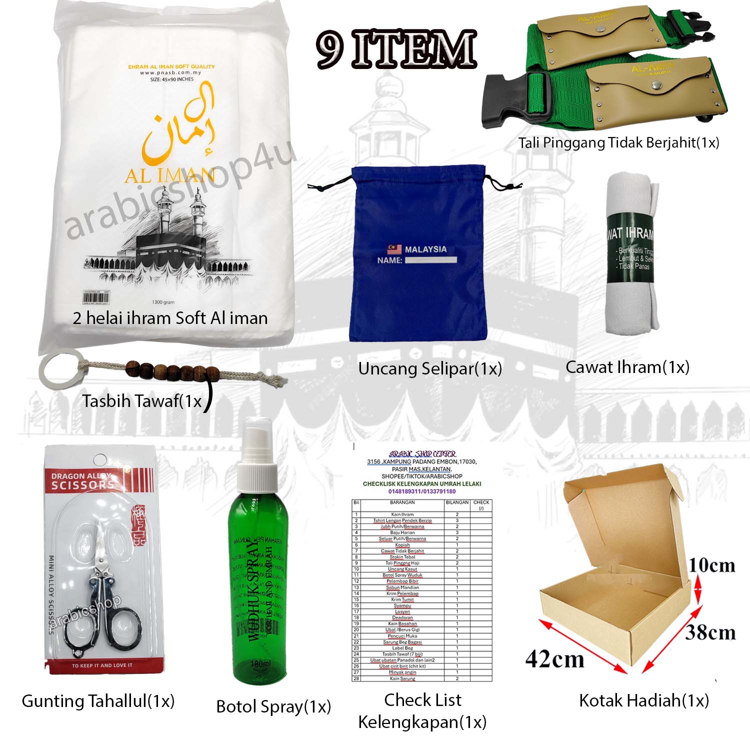 Kain Ihram Premium Starter Kit Haji Umrah 9 IN 1 Kain Ihram Al Iman ...