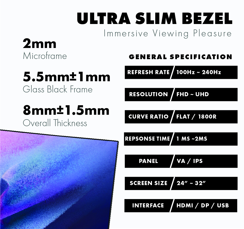 HUGON 24” 27" 32” CURVED 120Hz 180Hz 240Hz FHD 1080P QHD 2K UHD 4K HIGH ...
