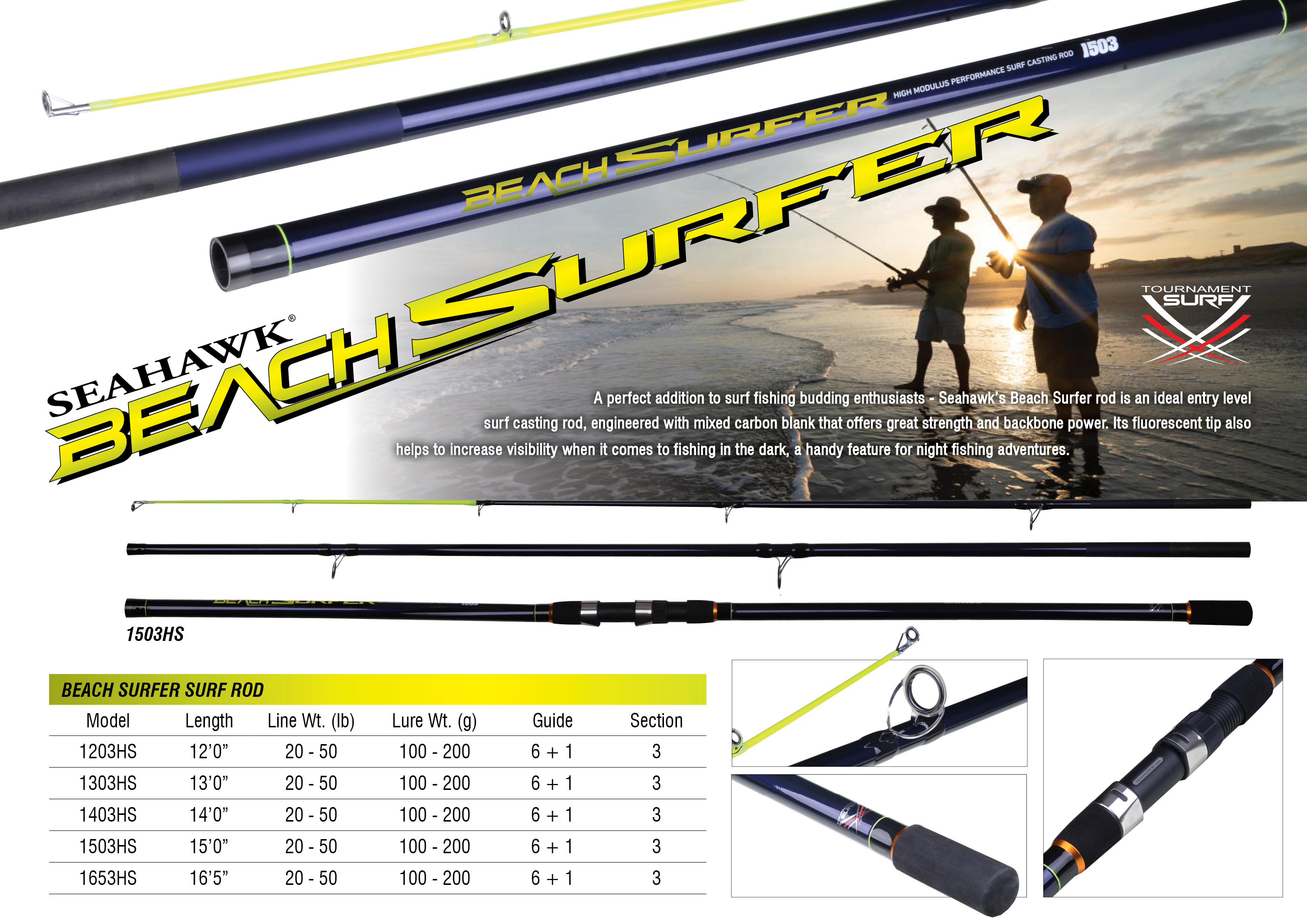 SEAHAWK BEACH SURFER SURF Fluorescent Tip FISHING ROD Surf Rod Joran ...
