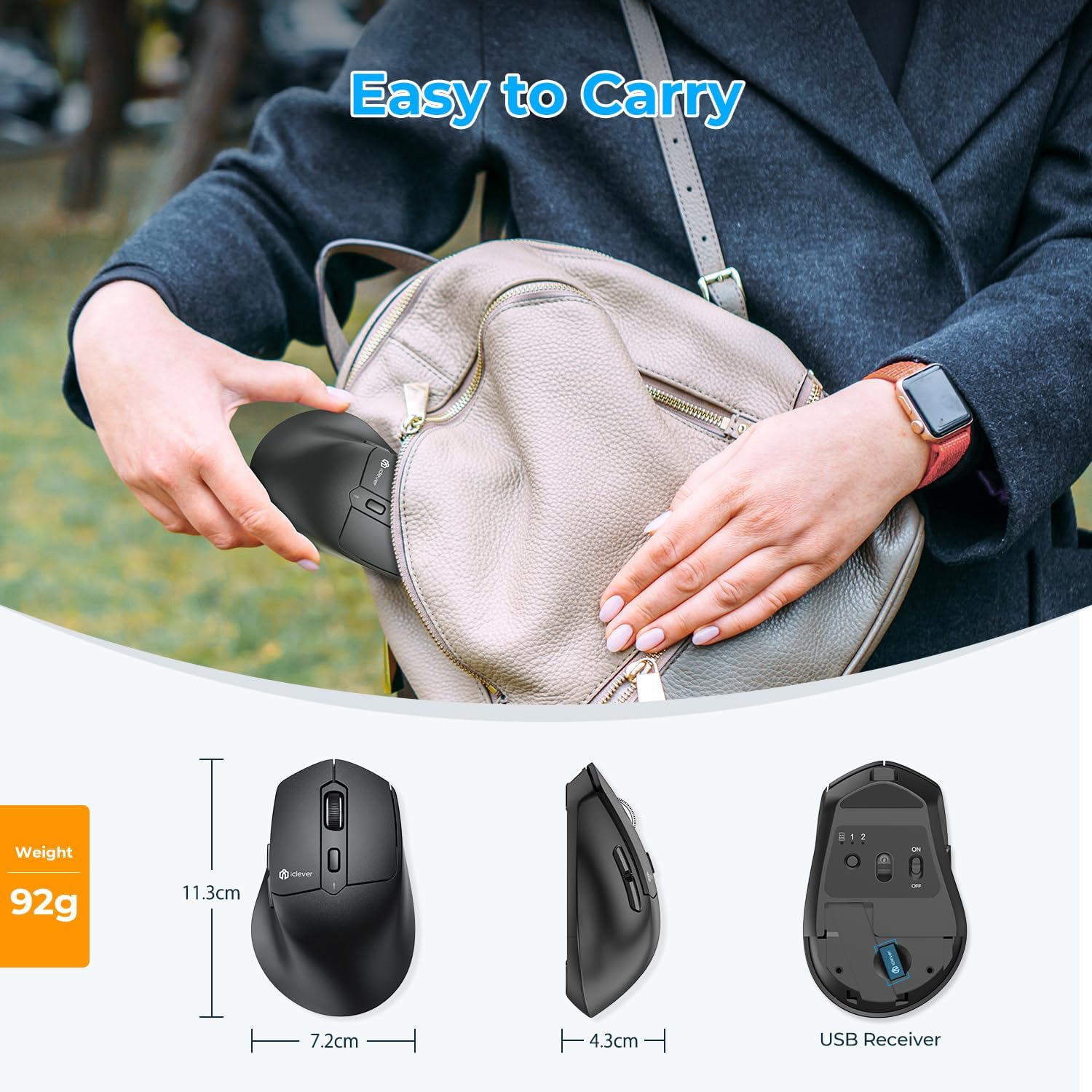 iClever Mouse MD360 Type C Rechargeable Wireless Bluetooth Mouse, Dual ...