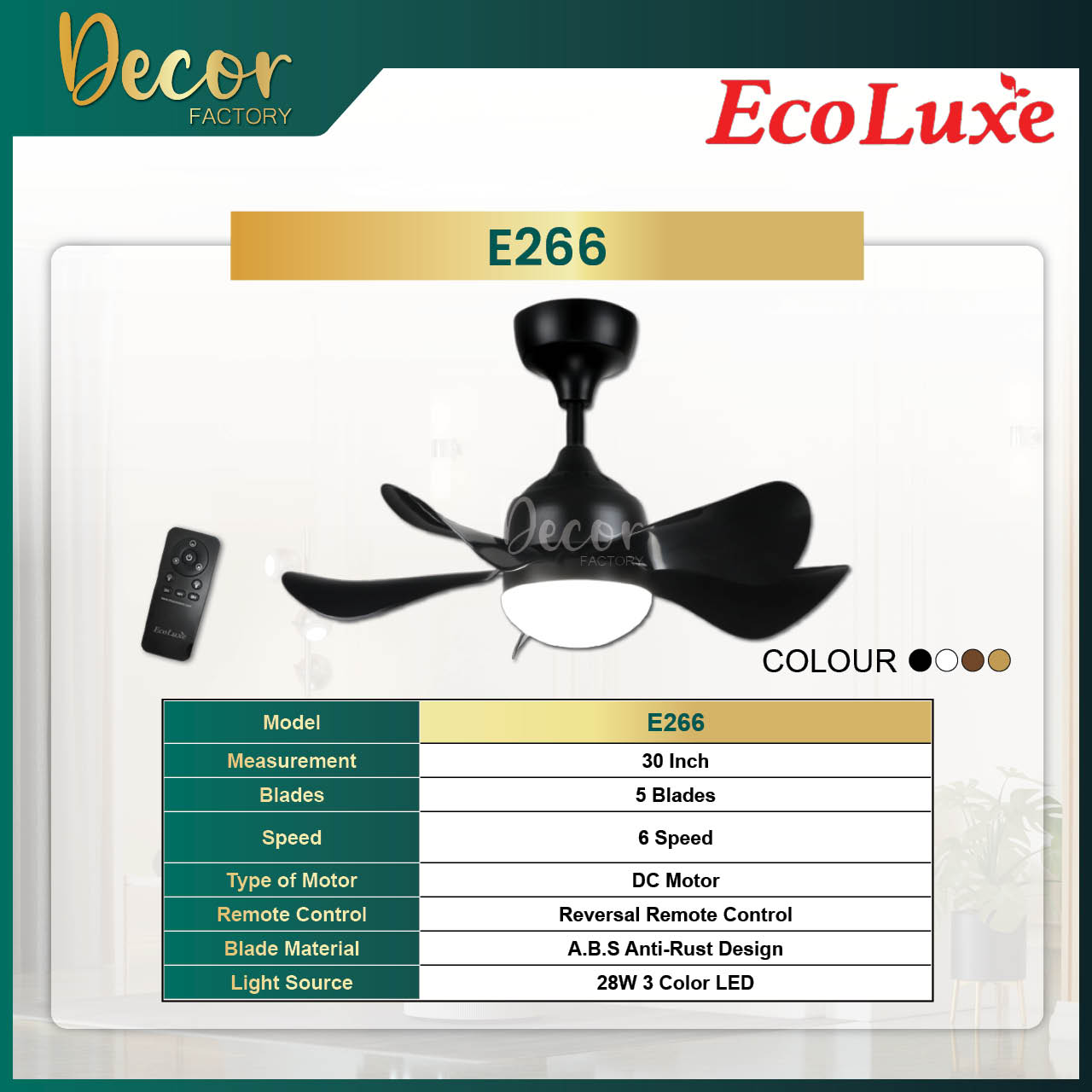 ECOLUXE Baby Fan E266 30" 6 Speed Forward + Reverse DC Motor 3 Color LED Light Ceiling Fan Kipas ...