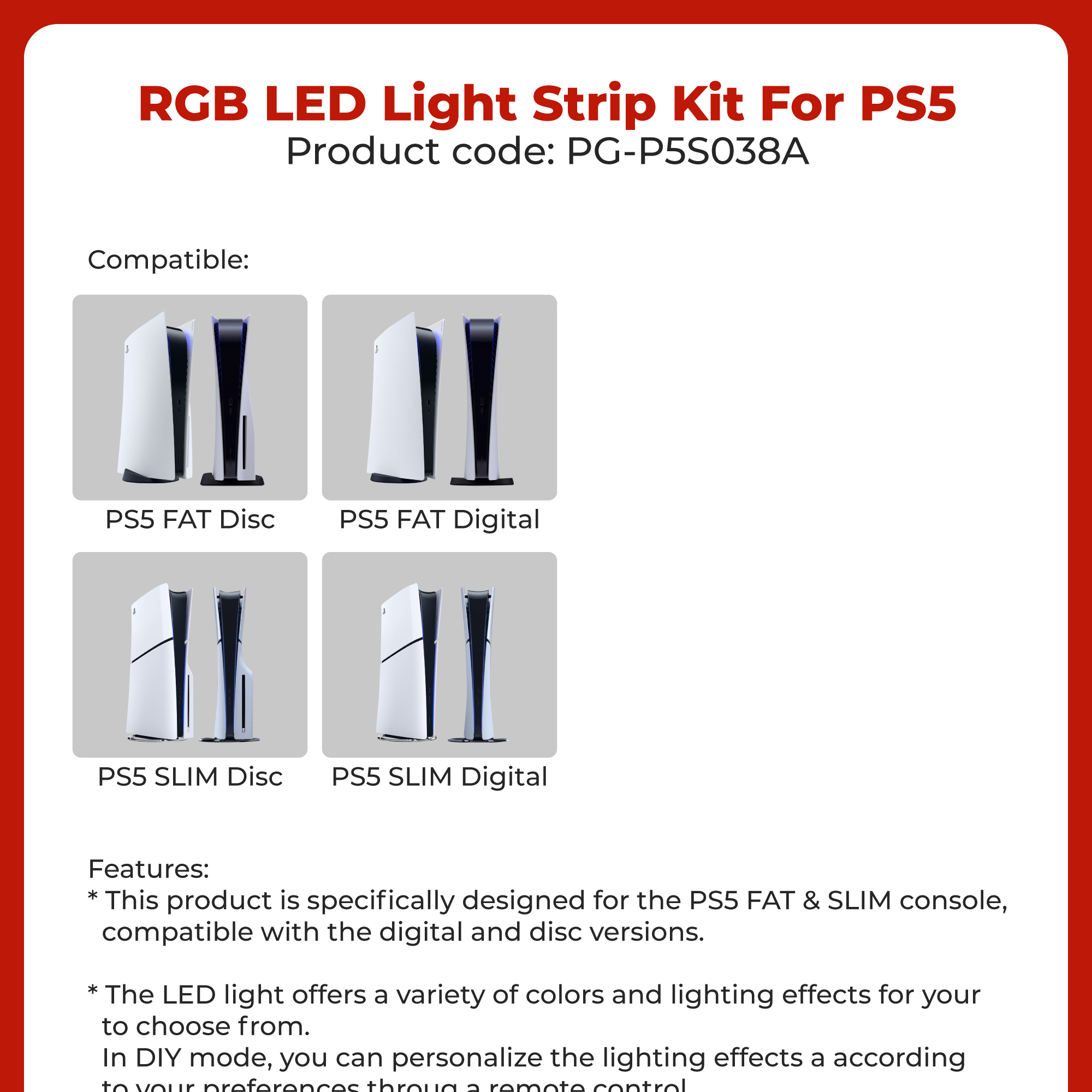 iPega PS5 RGB LED Light Strip Kit For PS5 FAT SLIM Digital Disc Edition ...