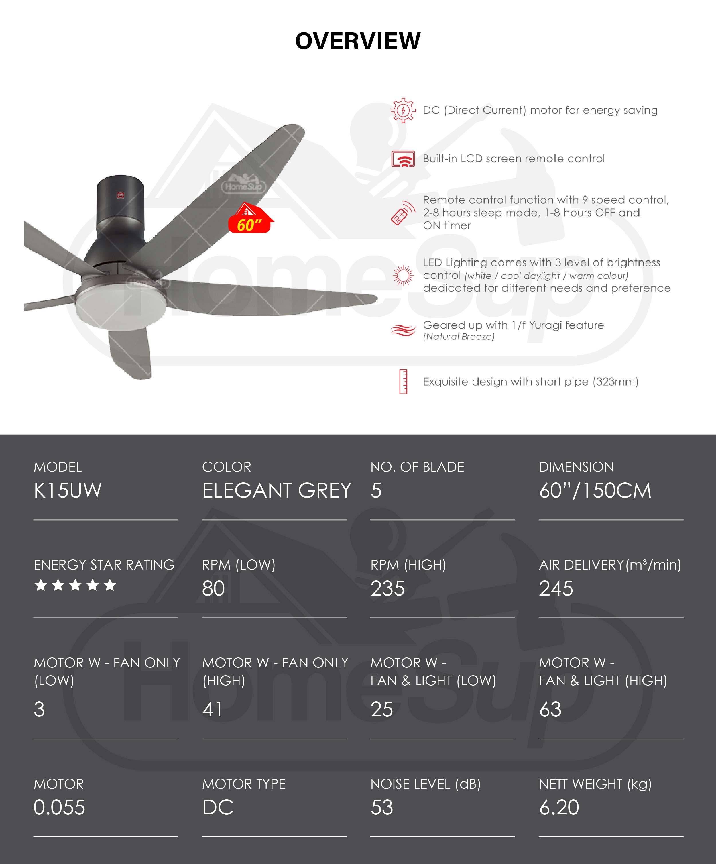 KDK Ceiling Fan K15uw - Long Pipe, Led Lighting, Dc Motor, 9SP Remote ...