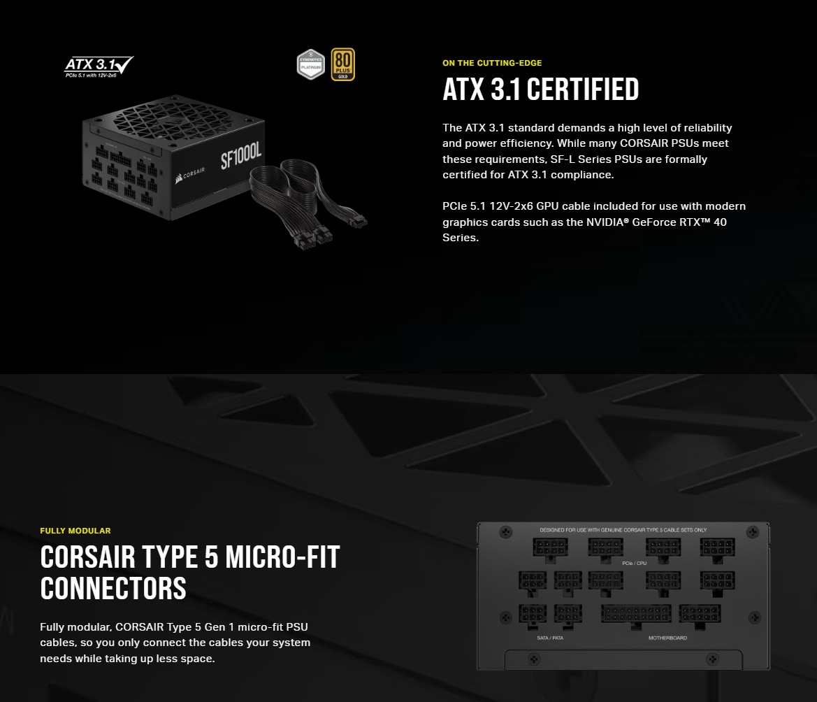 Corsair SF1000L SF850L 1000W 850W 80PLUS Gold Fully Modular SFX-L Power ...