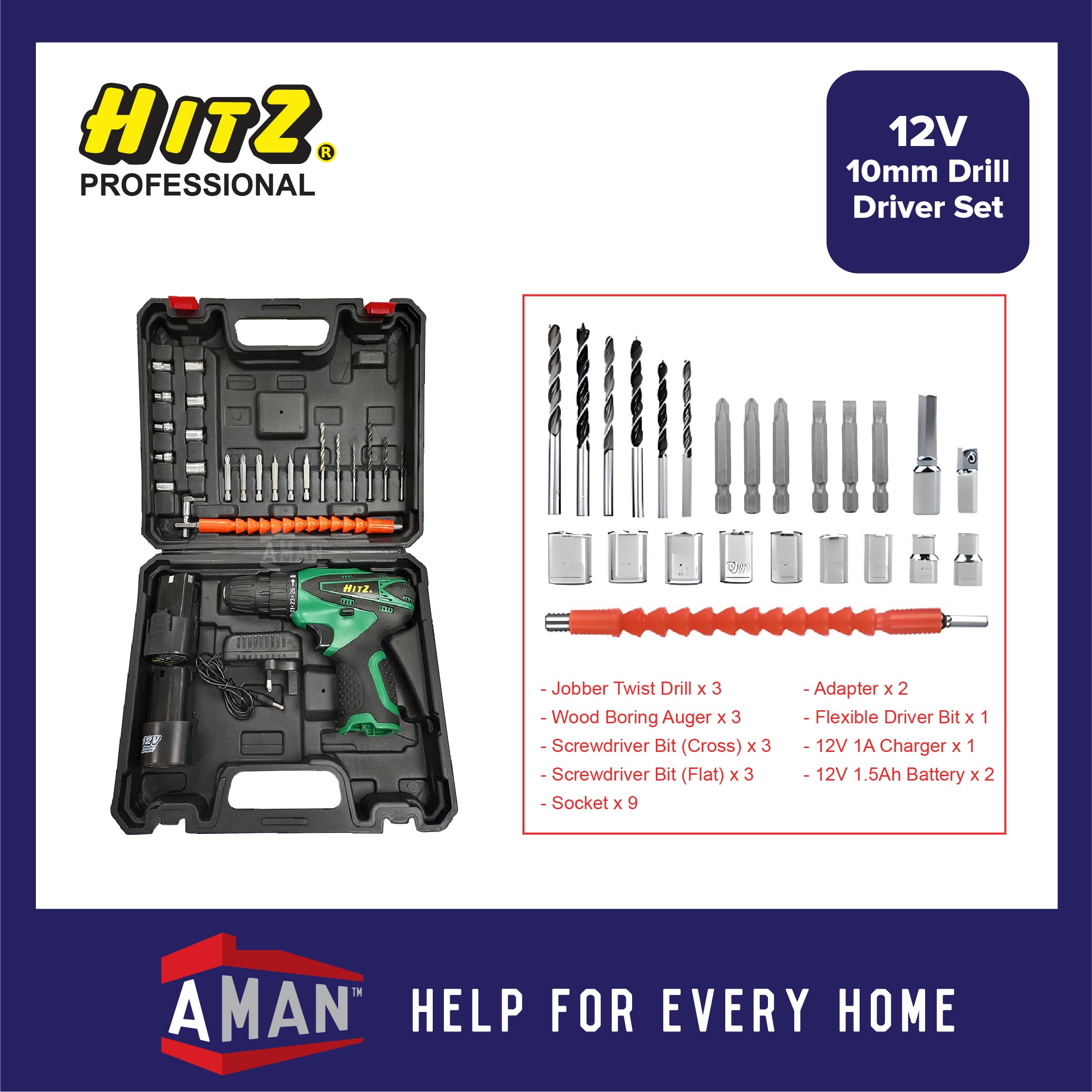 HITZ 24 Pcs Set Cordless Drill Driver Kit Hand Drill 2 Speed ...
