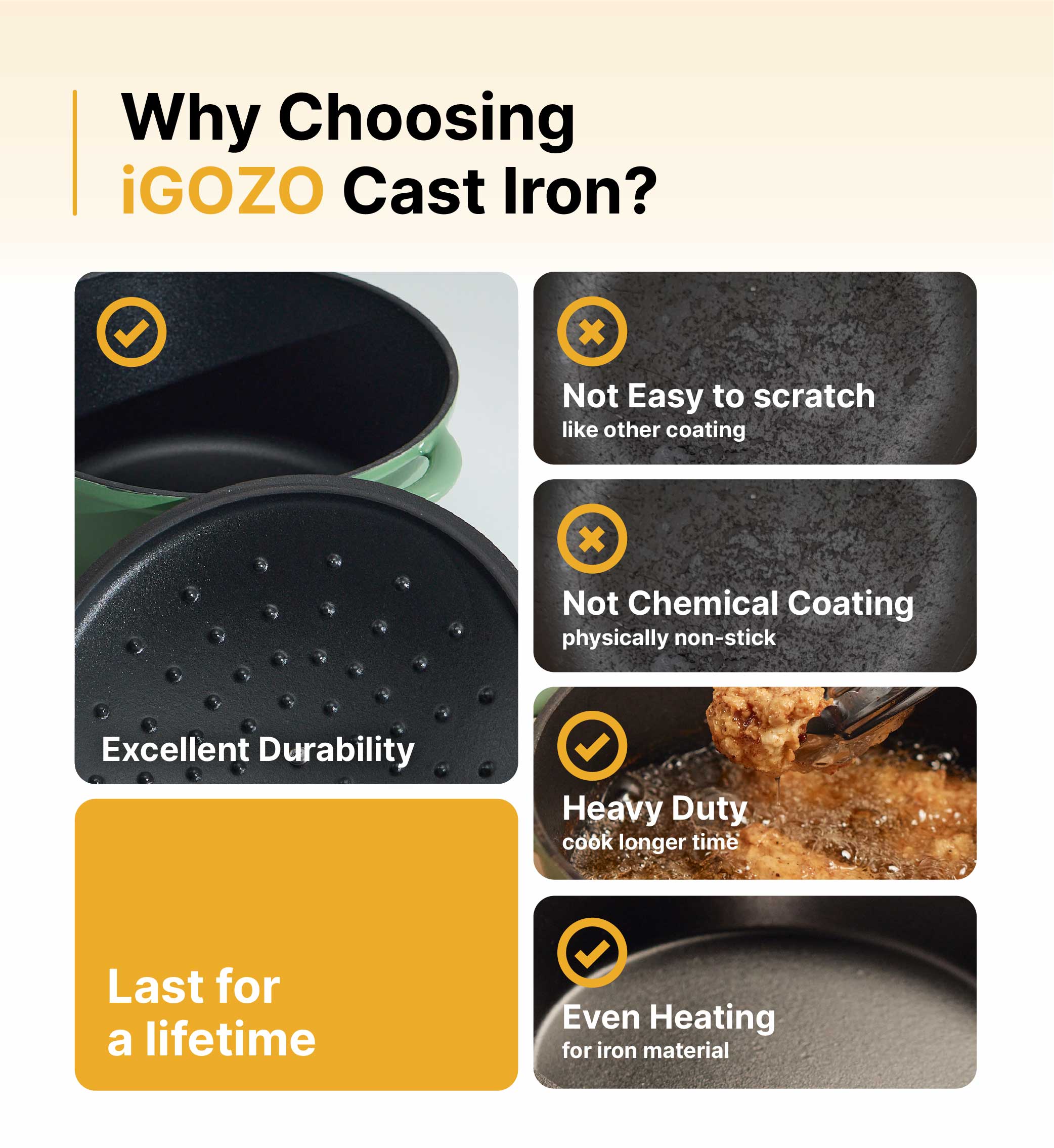 iGOZO Greeny Pure Cast Iron Cookware (18cm Saucepan/26cm Casserole Pot ...