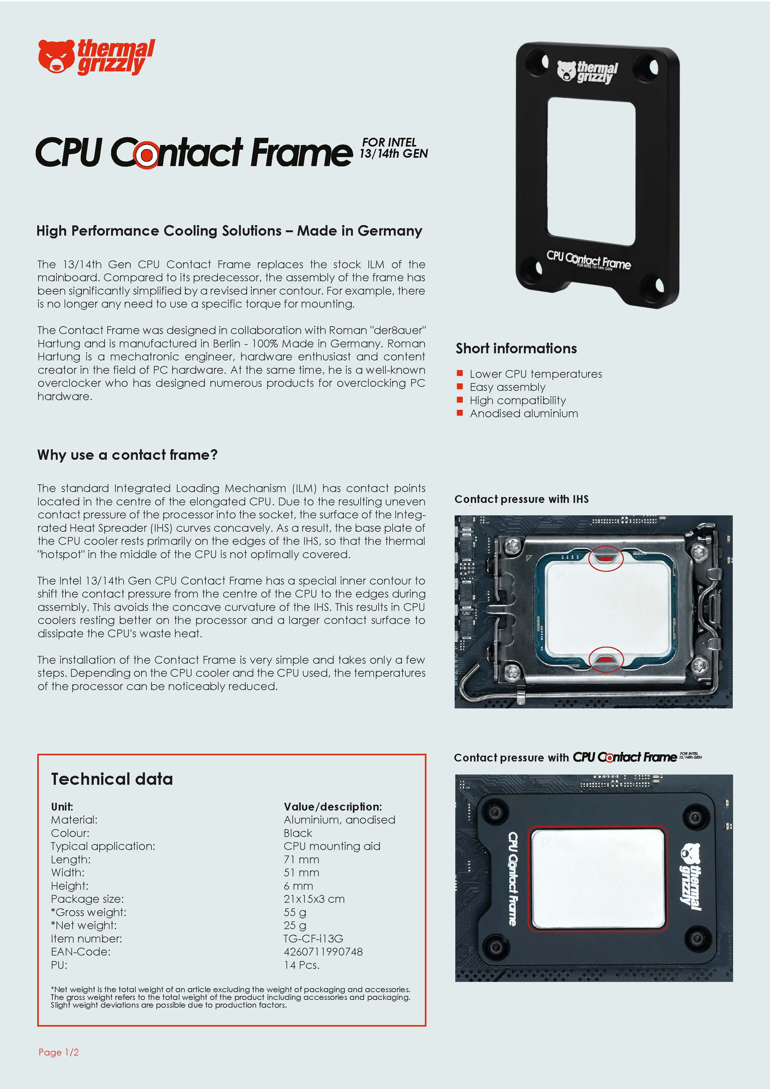 THERMAL GRIZZLY CPU Contact Frame for Intel 12th/13th Gen LGA1700 CPU ...