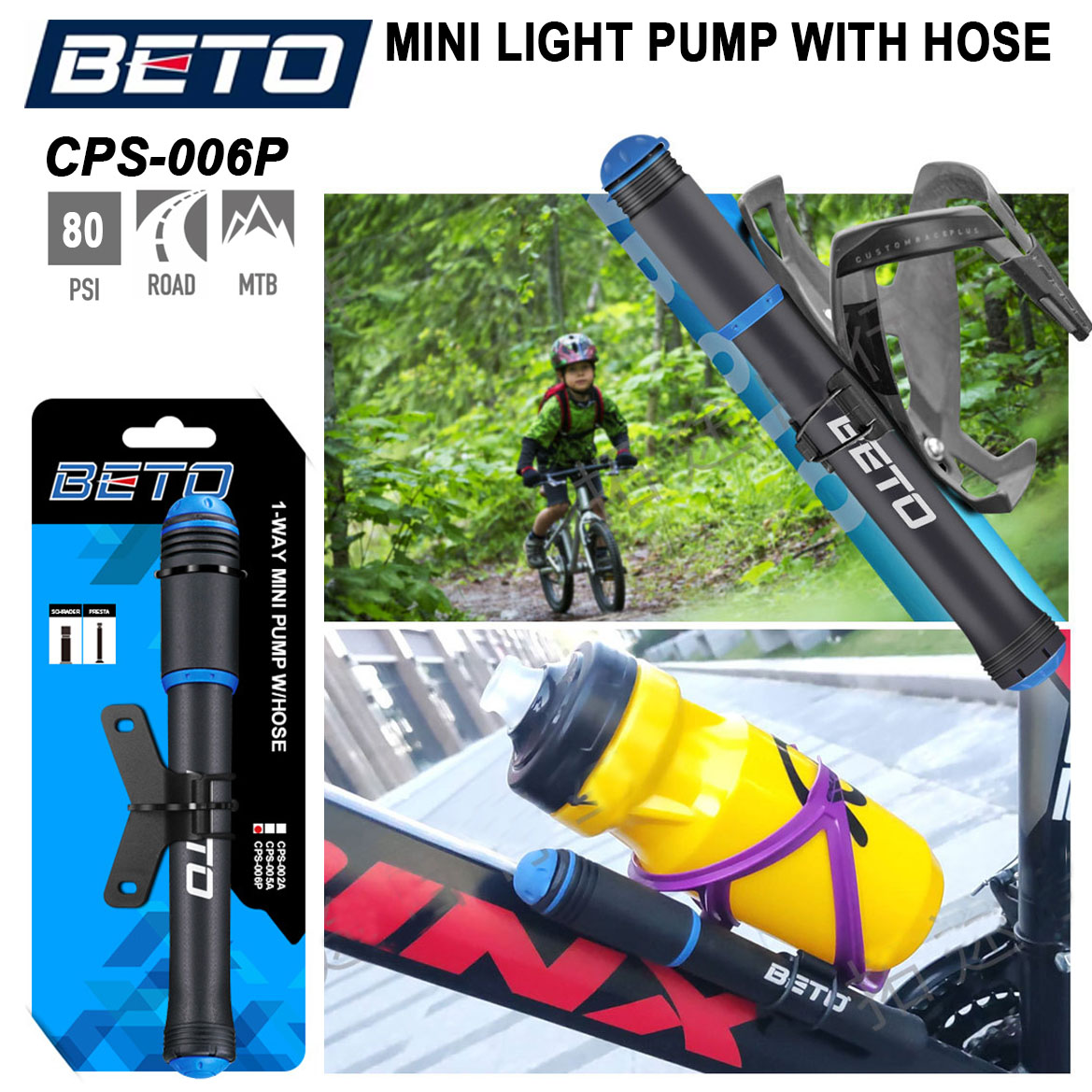 BETO CPS 006P Mini Hand Pump with Extender Flex Hose for Road Bike MTB Bicycle AV FV Valve Handy ...