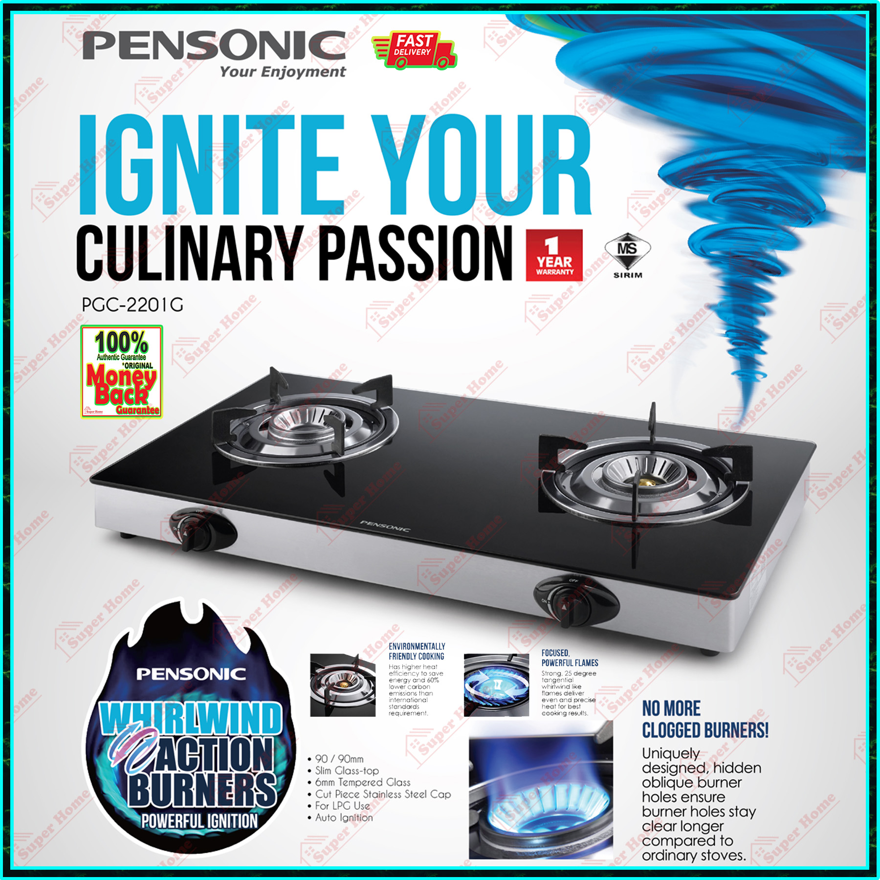 Pensonic Gas Stove PGC-2201G Table Top Glass Gas Cooker (6mm Tempered ...