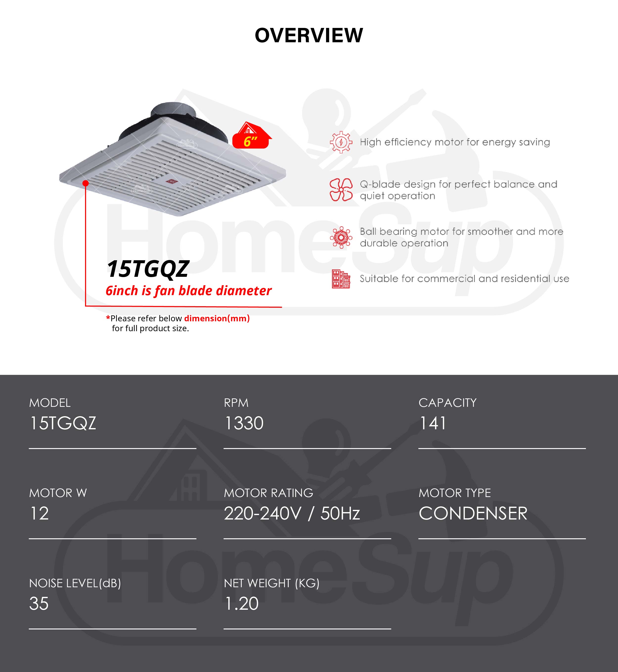 KDK 15Tgqz Exhaust Fan – 6 Inch Fan Blade, Ceiling Mounted Ventilation ...