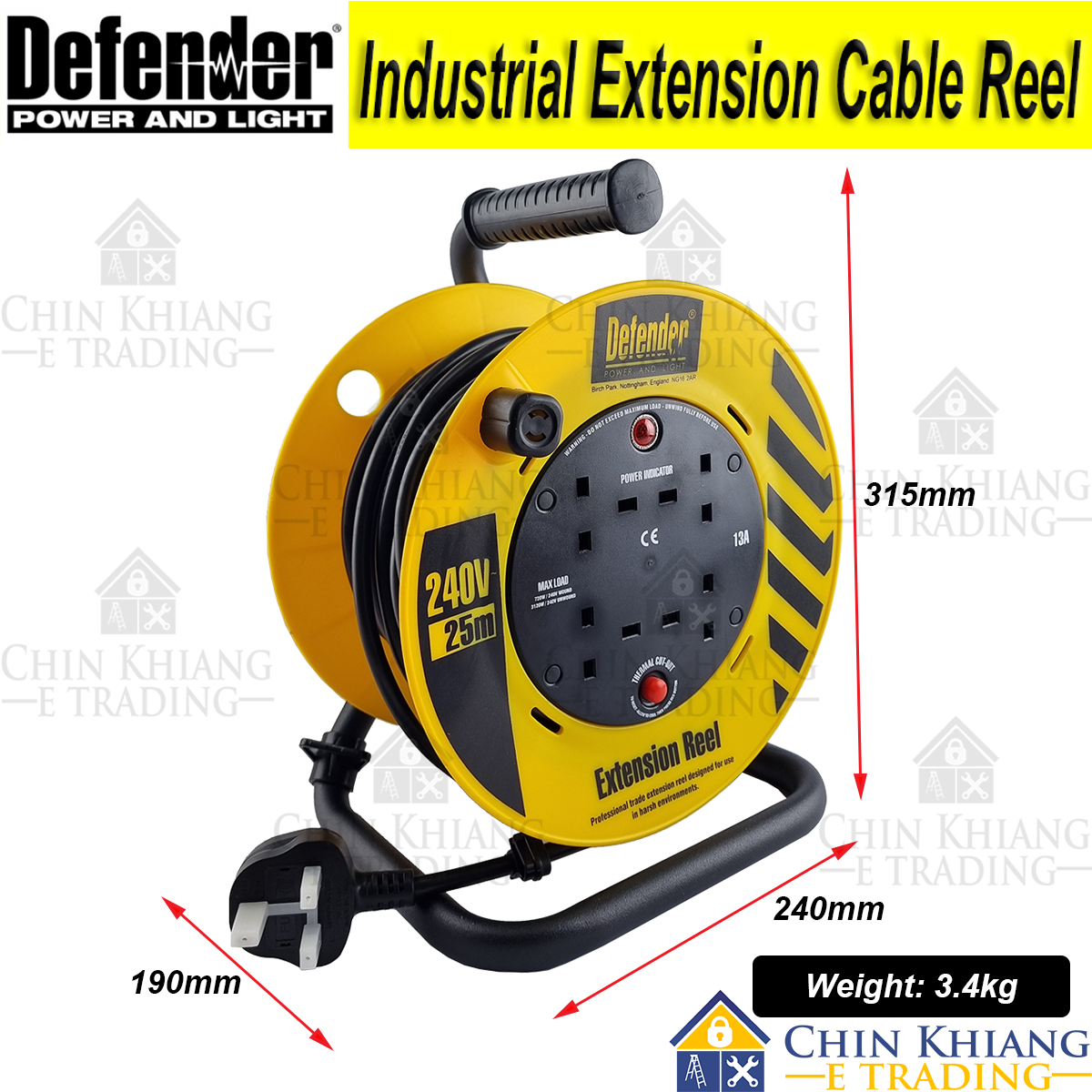 Defender 25M 4-Way Industrial Extension Wire Cable Reel 240V 13A E86477 ...