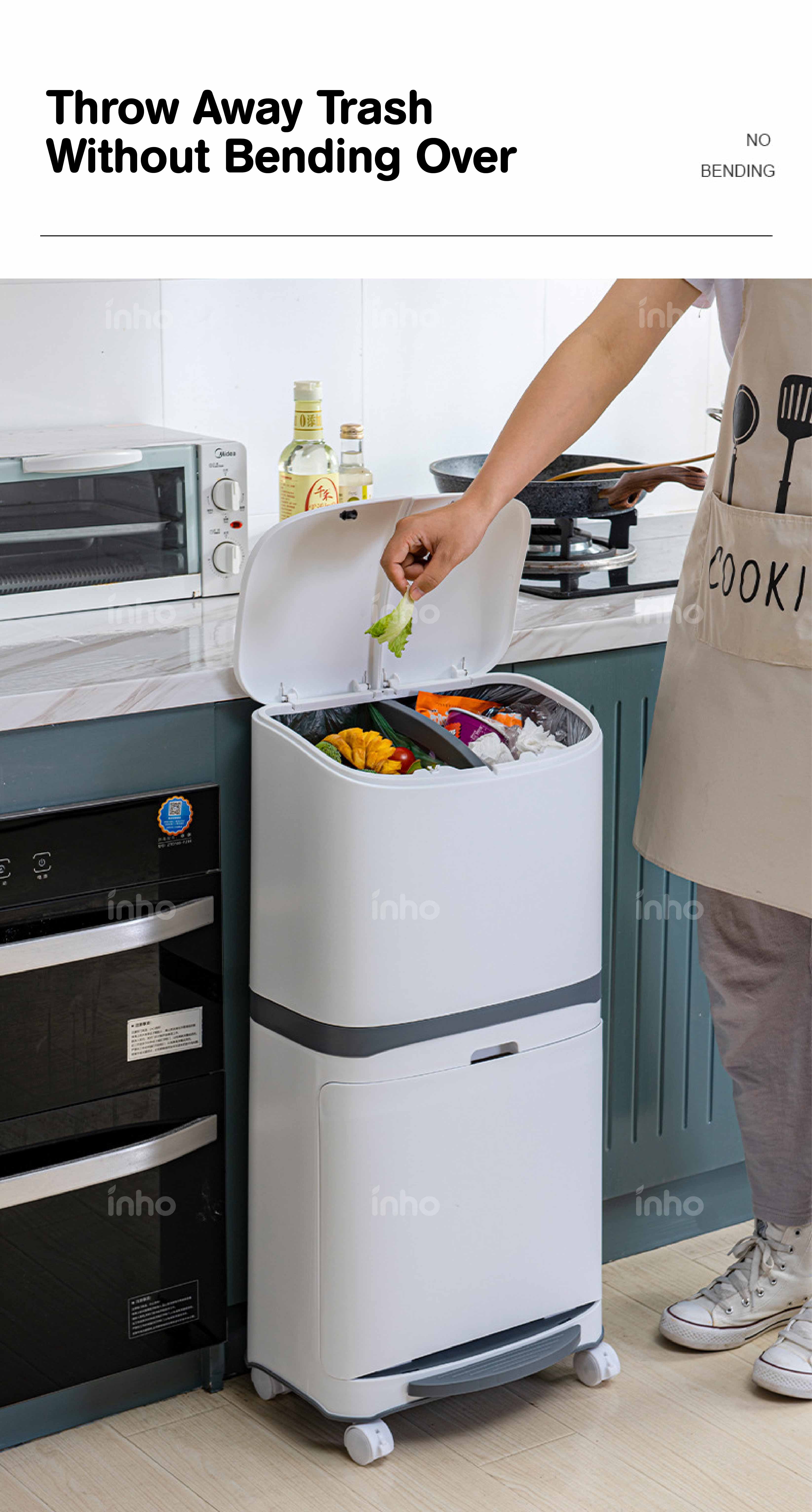 INHO 2 Tiers Movable Household Sorting Trash Can Large Garbage Storage ...
