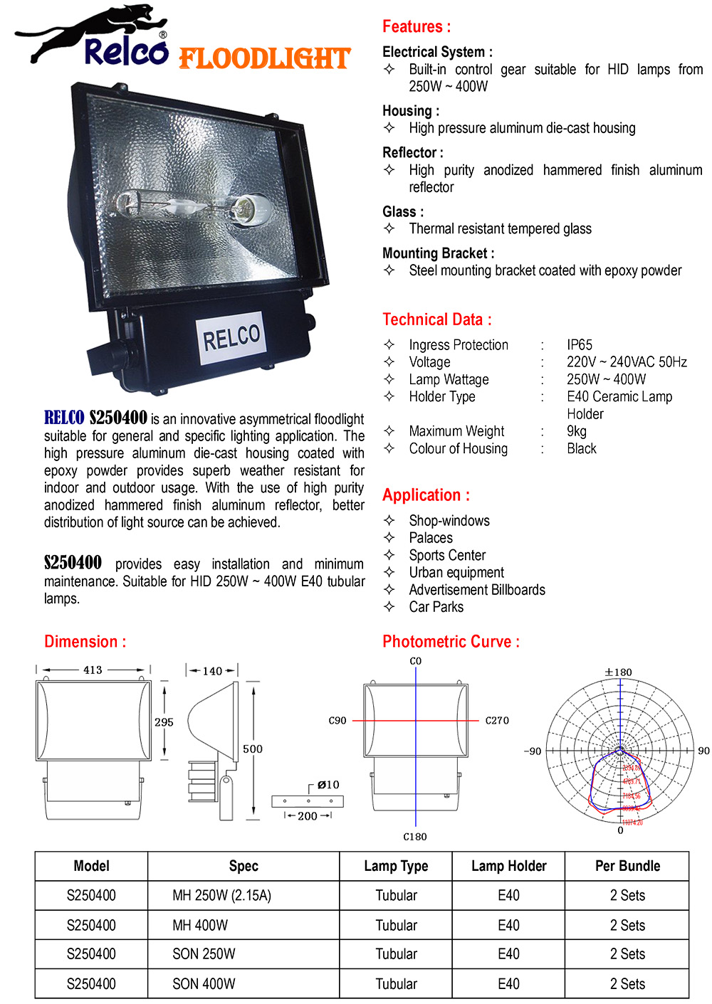 RELCO 400w Flood Light Metal Halide Spotlight Lamp (includ Bulb ...