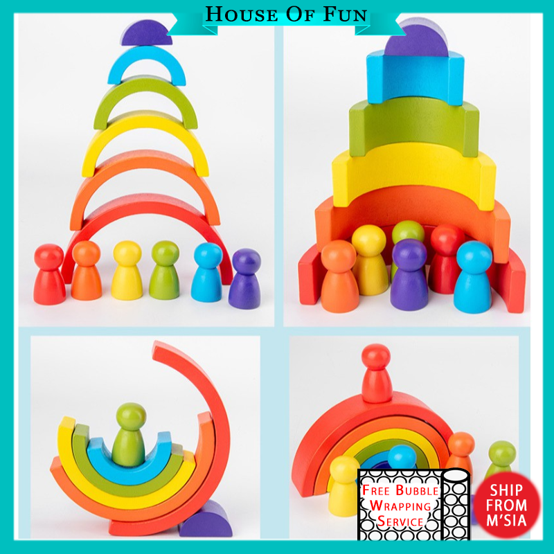 DIY Children's Wooden Rainbow Toy Creative Wood Rainbow Stacked Balance ...