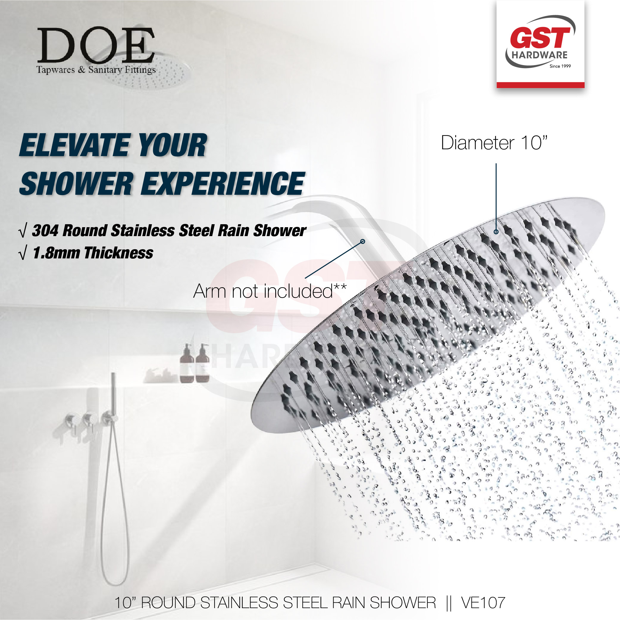 DOE 304 Round Stainless Steel Rain Shower 10"/8" Rain Shower Showerhead ...