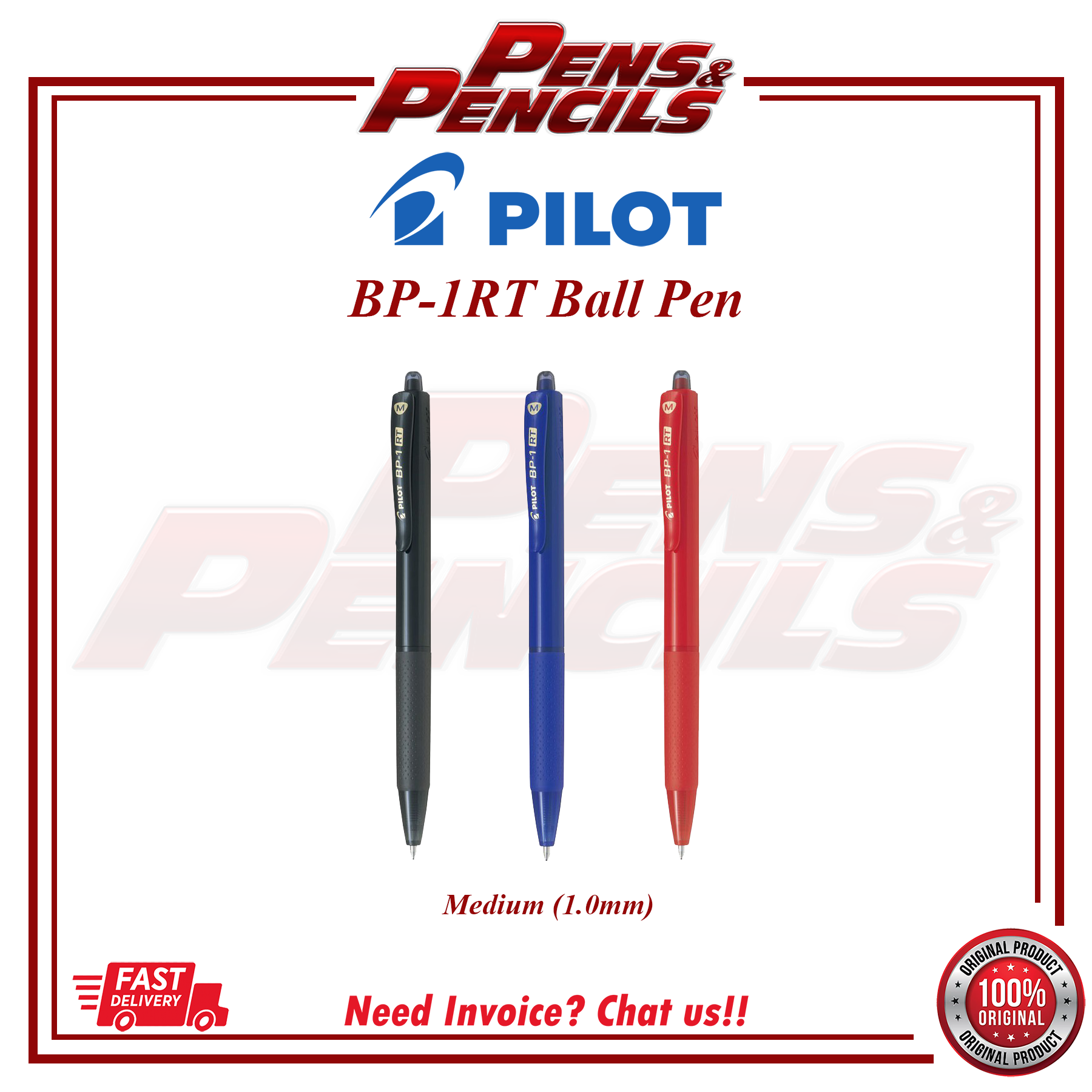 Pilot BP-1 RT Ball Pen - 0.7/1.0MM Black/Blue/Red BP1-RT BP1 RT (1pc ...