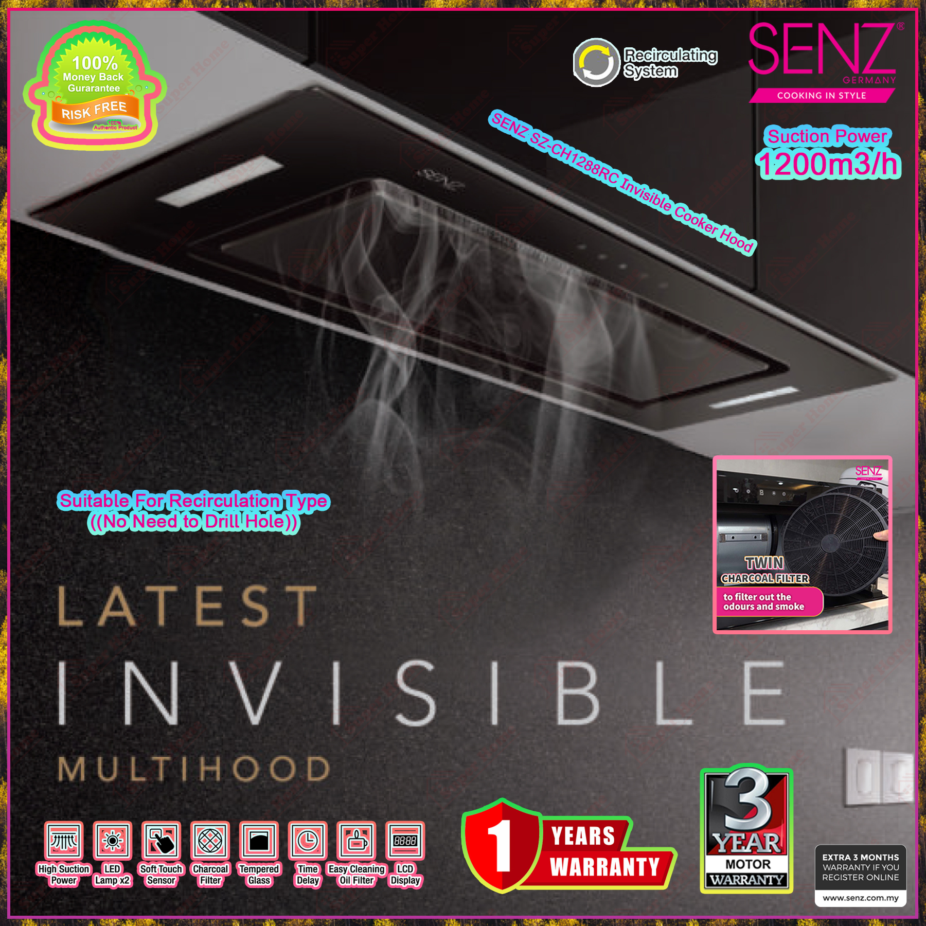 SENZ Invisible MultiHood SZ-CH1288RC-B Modern Cooker Hood (Exhaust ...