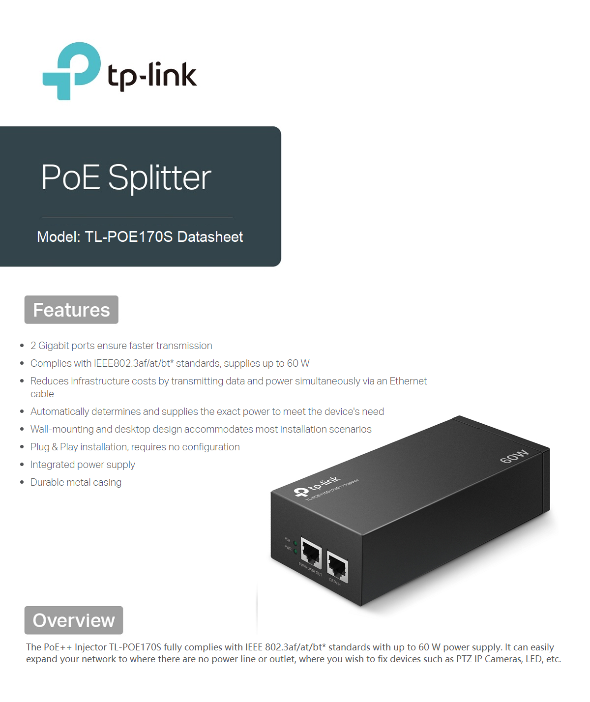 TP-LINK TL-POE150S / TL-POE160S / TL-POE170S POE INJECTOR NETWORK / TL ...