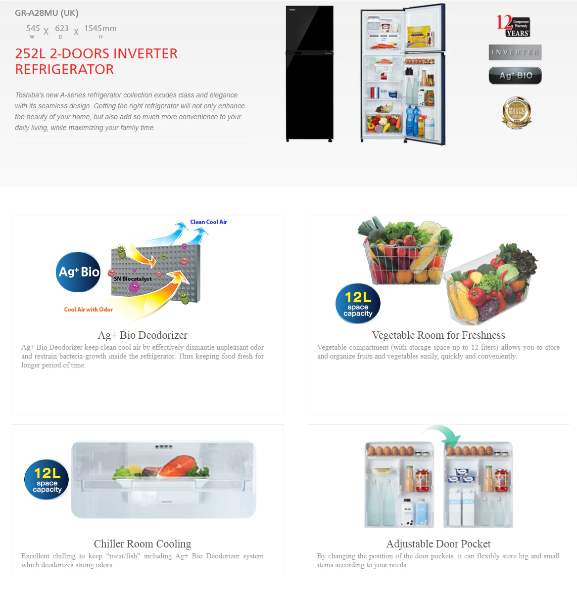 Toshiba Refrigerator Inverter 270L Fridge 2 Door Peti Ais Peti Sejuk 2 Pintu 冰箱 GR-RT300WE-PMY ...