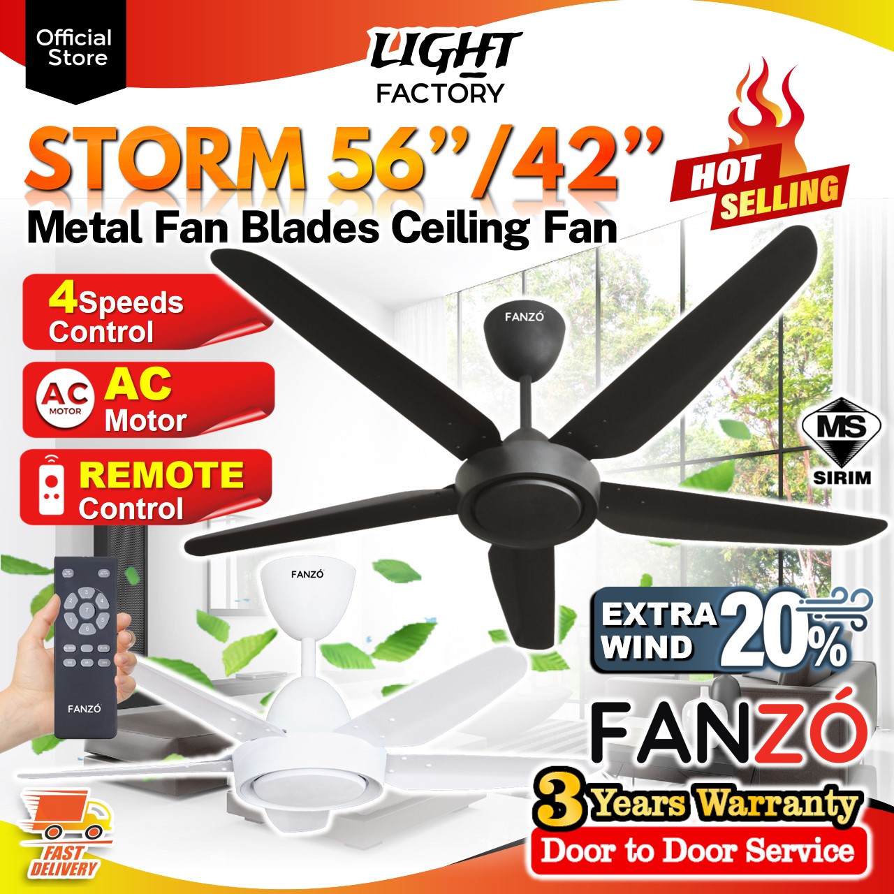 🔥SIRIM🔥 FANZÓ STORM 42" 56" 5 Blades AC Ceiling Fan with Remote FANZO ...