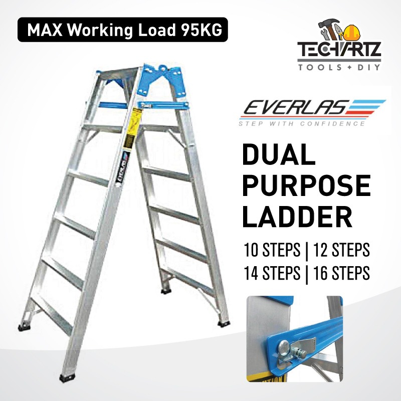 Everlas Dual Purpose Ladder Aluminium Ladder - Silver 10/12/14/16 Steps ...