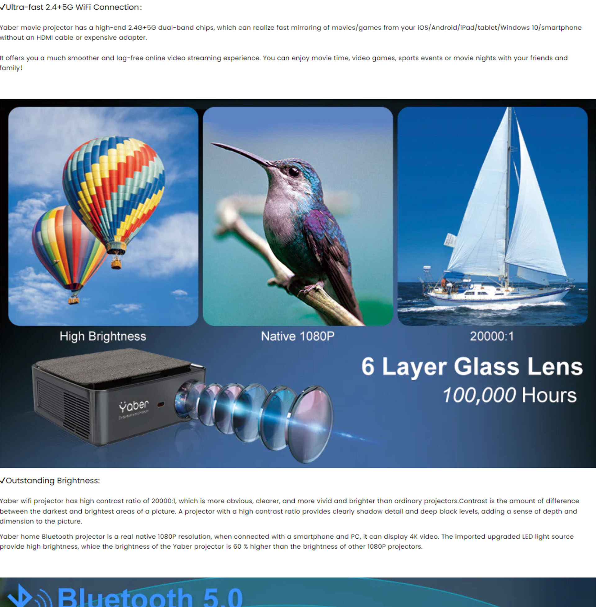 Yaber Pro U6 Entertainment Projectors Full HD (Support 4K) Bluetooth 5. ...