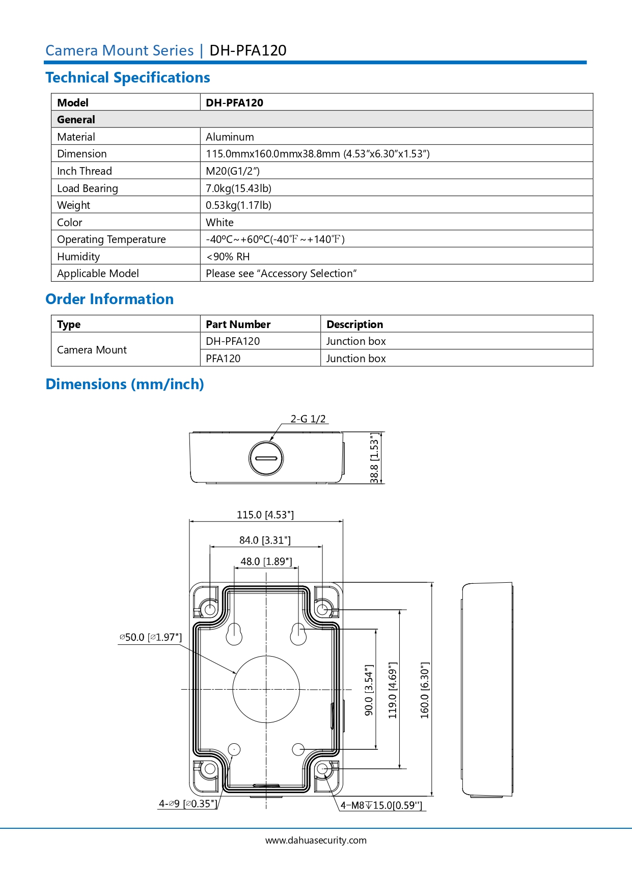 Dahua Outdoor Weatherproof PTZ CCTV Camera Aluminum Wall Mount Junction ...