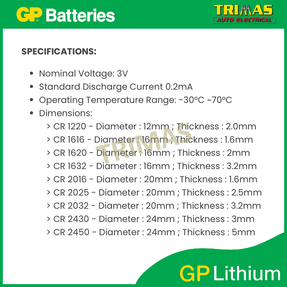 TRIMAS Original GP Lithium Coin Cell Battery CR2032 CR2025 CR2016 CR1220 CR1616 CR1632 CR2430 ...