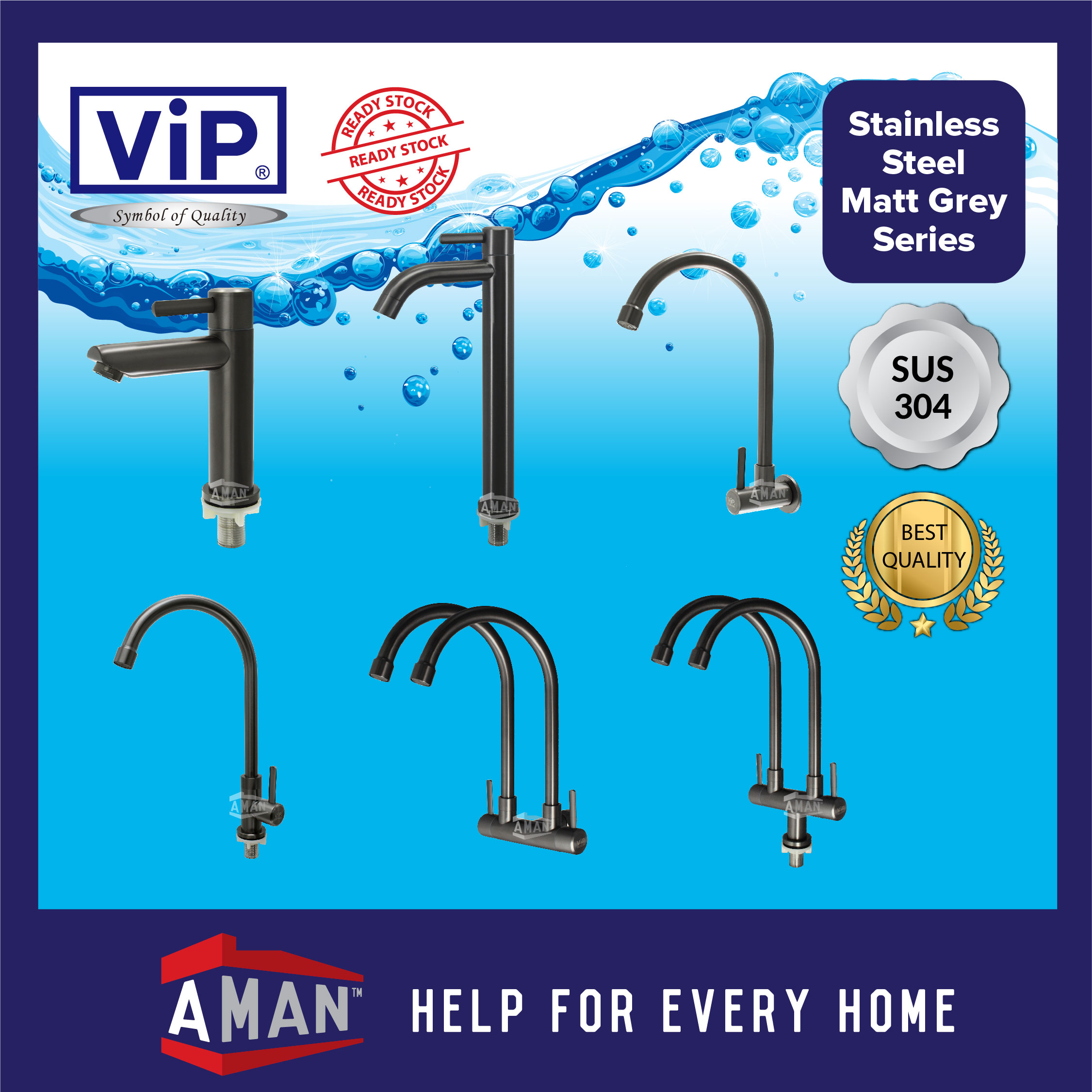 ViP SUS-304 Stainless Steel Matt Grey Fixed Double Pillar Sink Tap ...