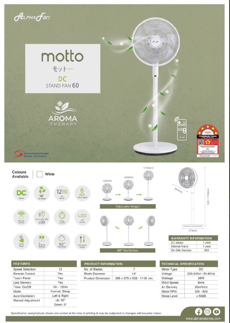 Alpha 14" Motto DC Stand Fan 60 | MOTTO DC STAND FAN SF60 (Strong Wind ...
