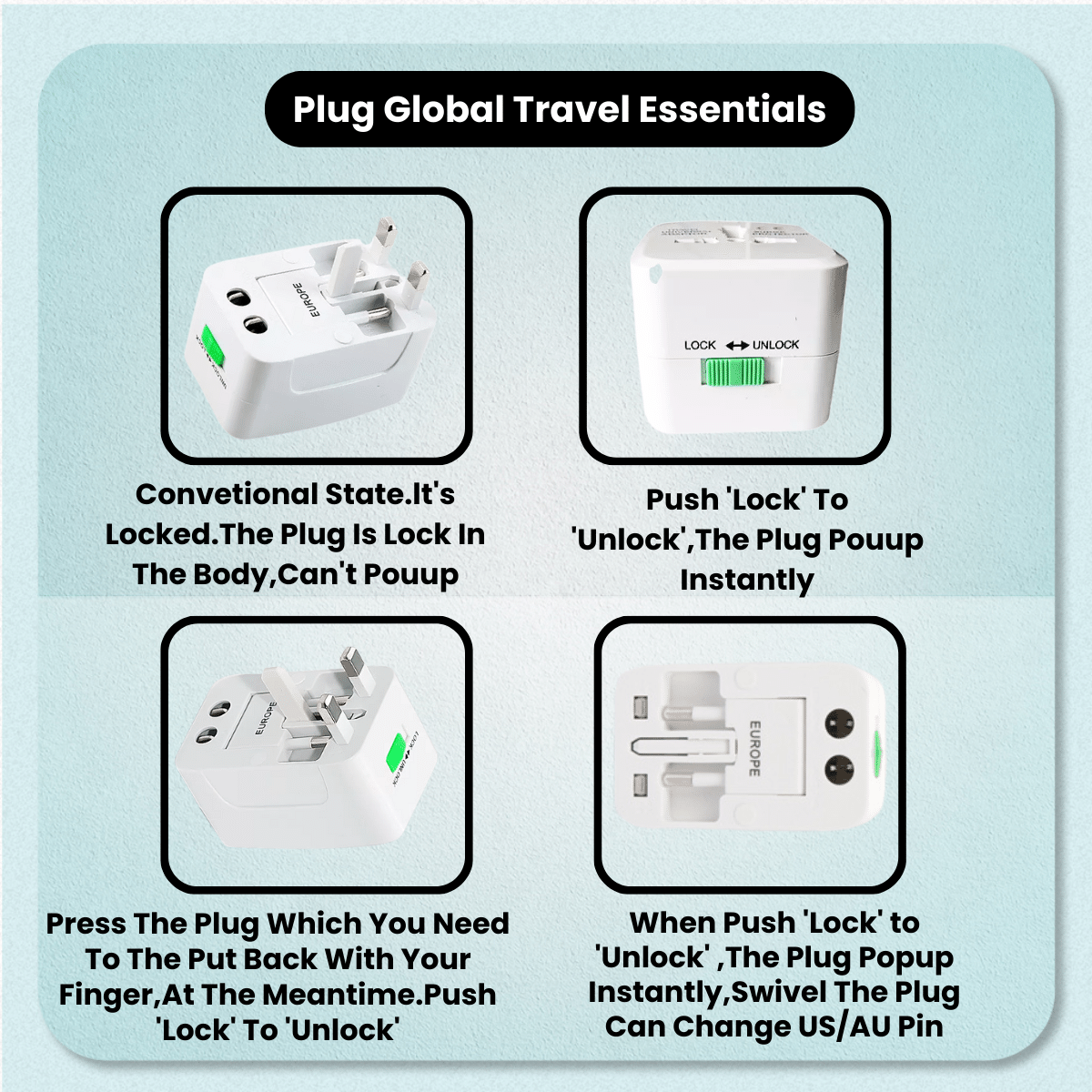 HH Travel Adaptor USB Socket Universal Multipurpose Adapter Holder ...