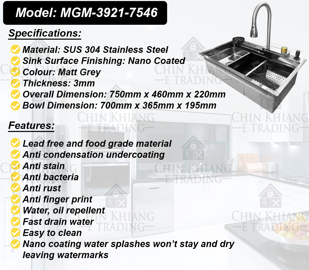 ViP Waterfall Kitchen Sink SUS 304 Stainless Steel Single Bowl Sink ...