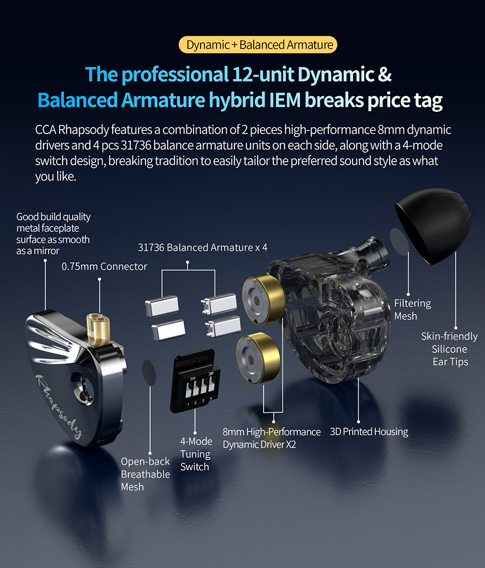 CCA Rhapsody 2DD+4BA Hybrid IEM HiFi In Ear Earphone Wired Earbuds With ...