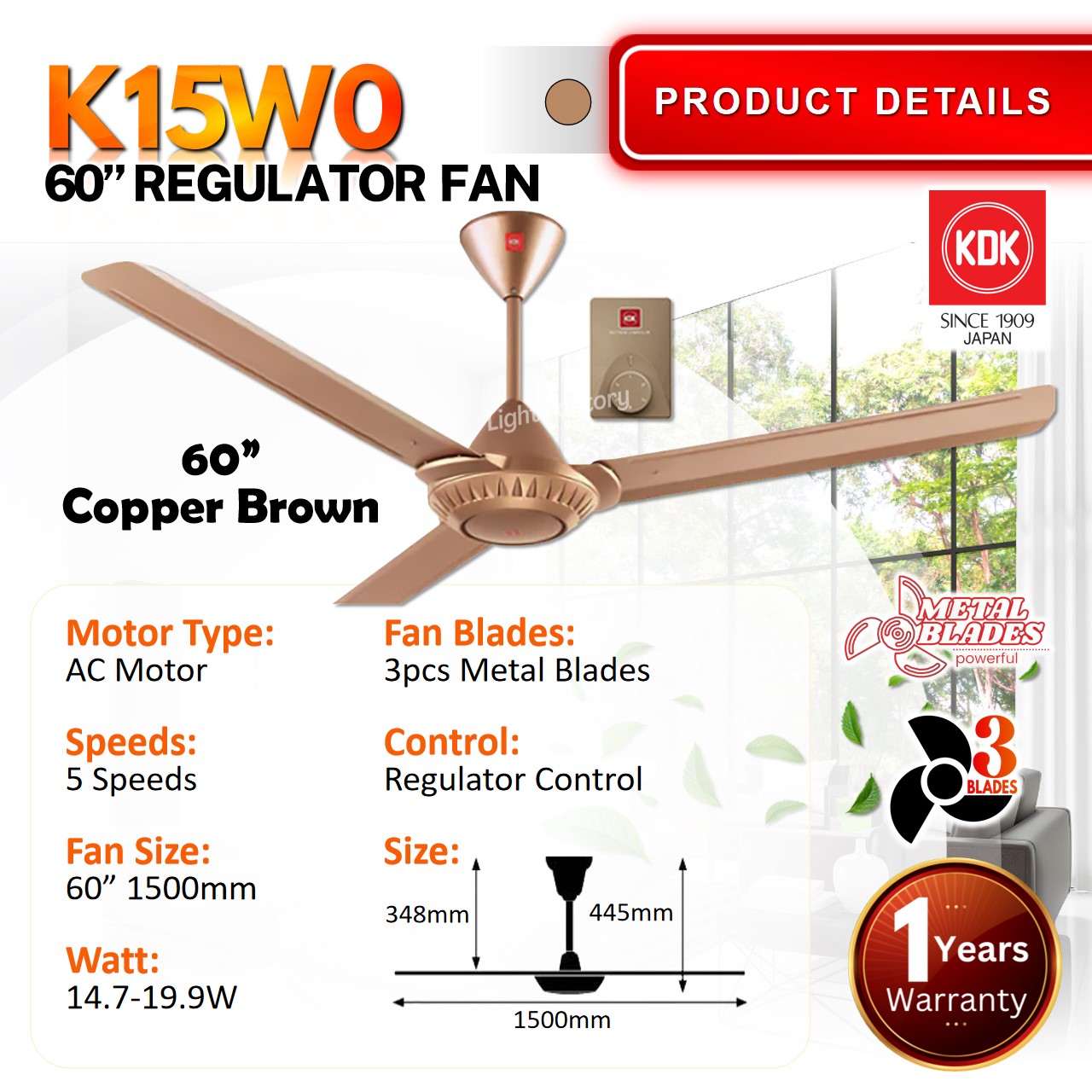 🔥HOT🔥 KDK K15W0 60" 3 Blades AC Motor Ceiling Fan with 5 Speeds Control ...