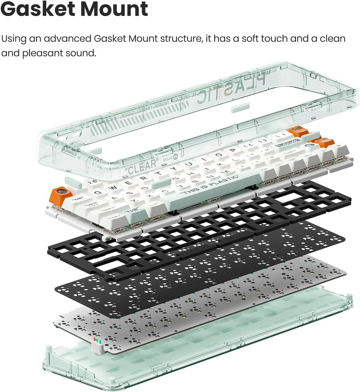 MelGeek Mojo68 Plastic Transparent 65% Compact 68-Key Fully-Assembled ...