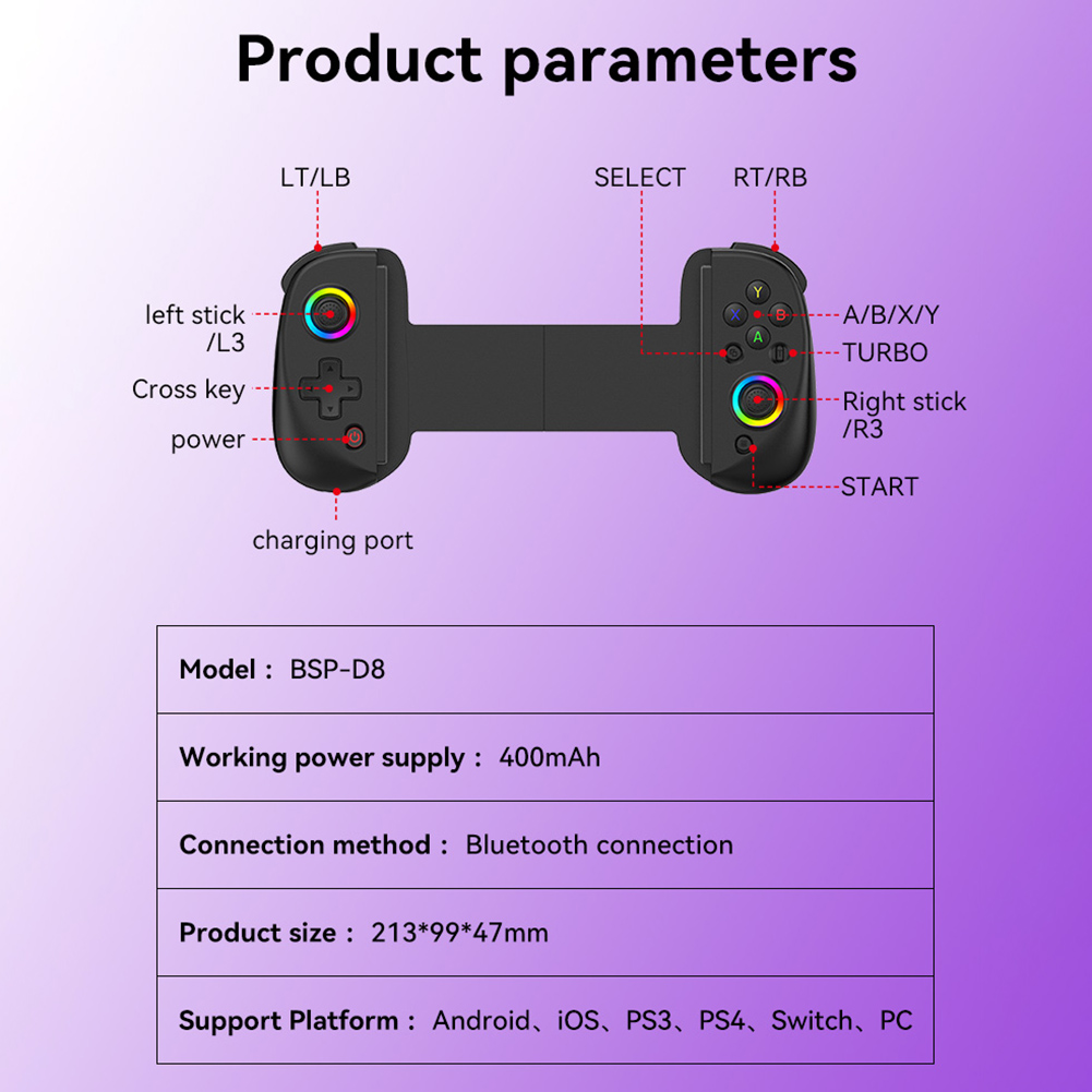 D8 Telescopic Wireless Bluetooth Game Controller RGB Mobile Gamepad for iOS Android Switch PC PS ...