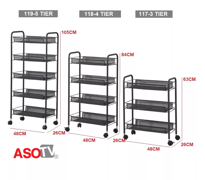 ASOTV® 3 / 4 / 5 Tier Mesh Trolley Rack Kitchen Bathroom Storage with ...