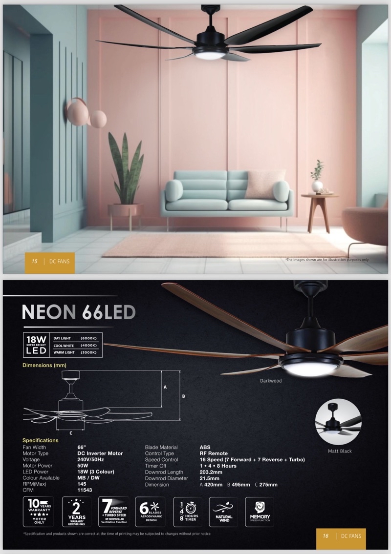 DEKA+ Neon 66” Colour 6 Blade DC motor Remote Control Ceiling Fan ...