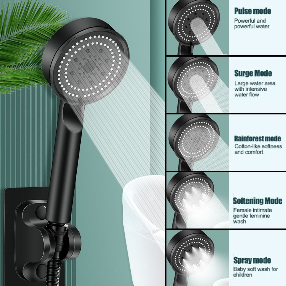 5 in 1 Shower Head Water Saving Black 5 Mode Adjustable High Pressure ...