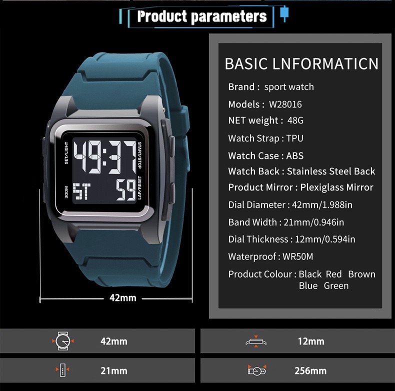 New square big screen retro sports electronic watch men's waterproof ...