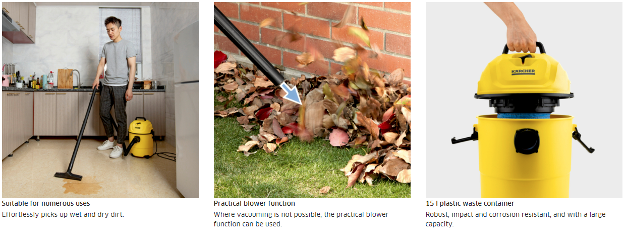 KARCHER WD1 CLASSIC 15L 1200W WET AND DRY VACUUM CLEANER WD 1 CLASSIC ...