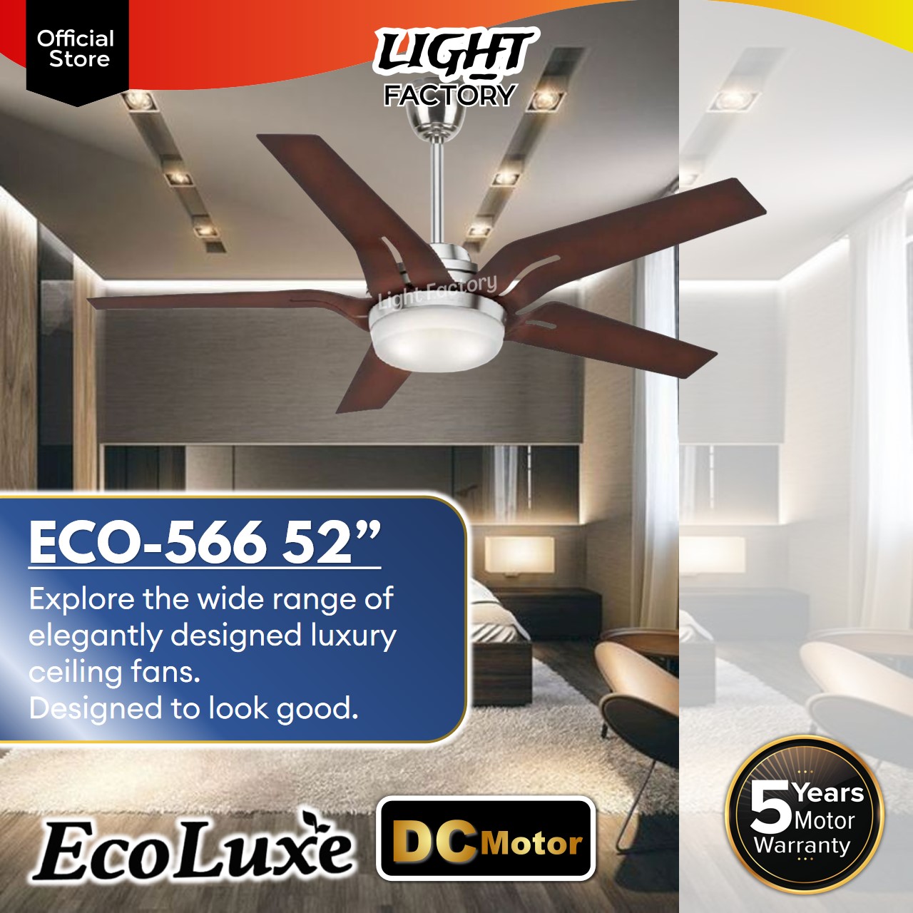 ECOLUXE ECO-566 DC Motor 5 Blades 52" 3 Color LED Ceiling Fan With 6 ...
