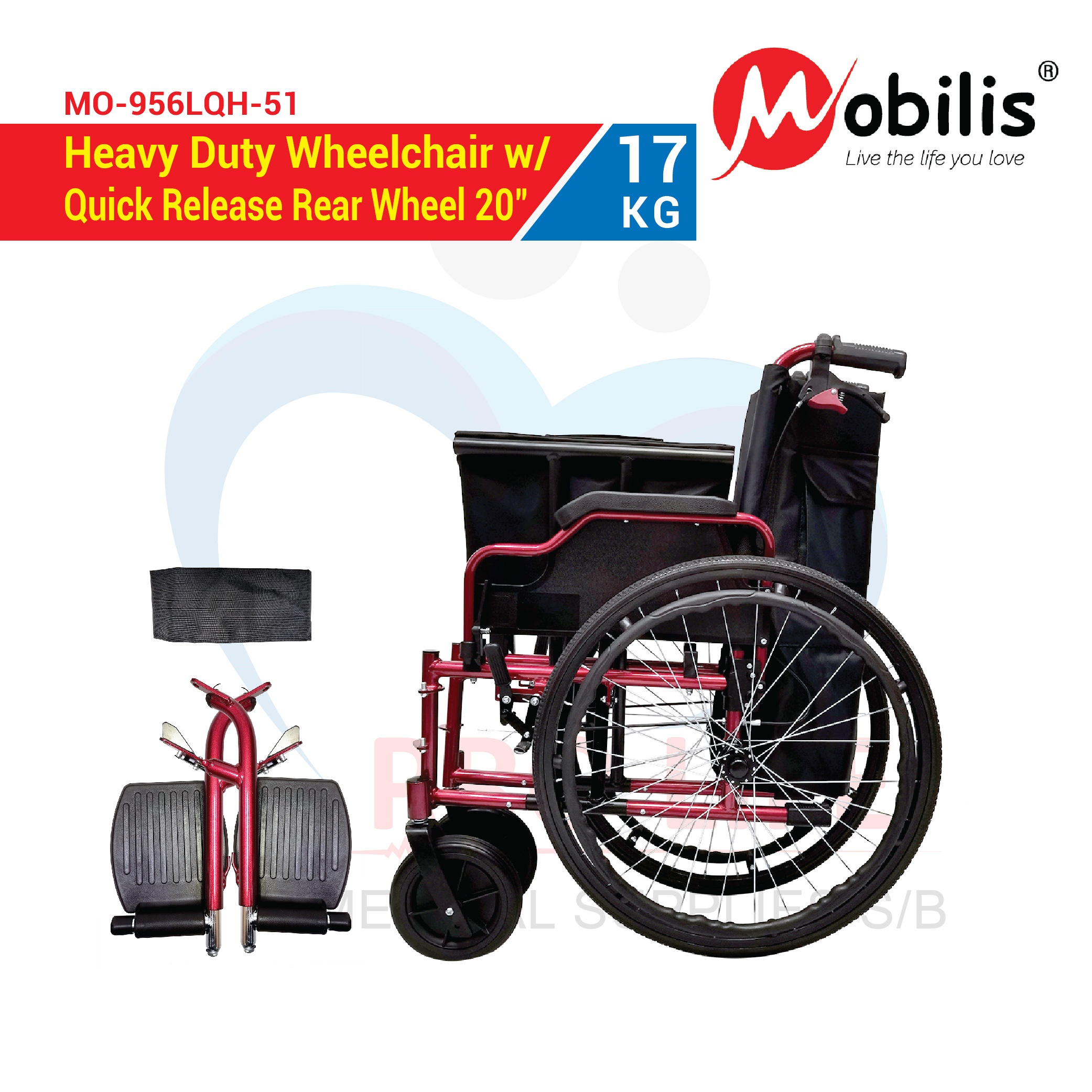 Mobilis Heavy Duty Wheelchair w/ Quick Release Rear Wheel 20"(MO-956LQH ...
