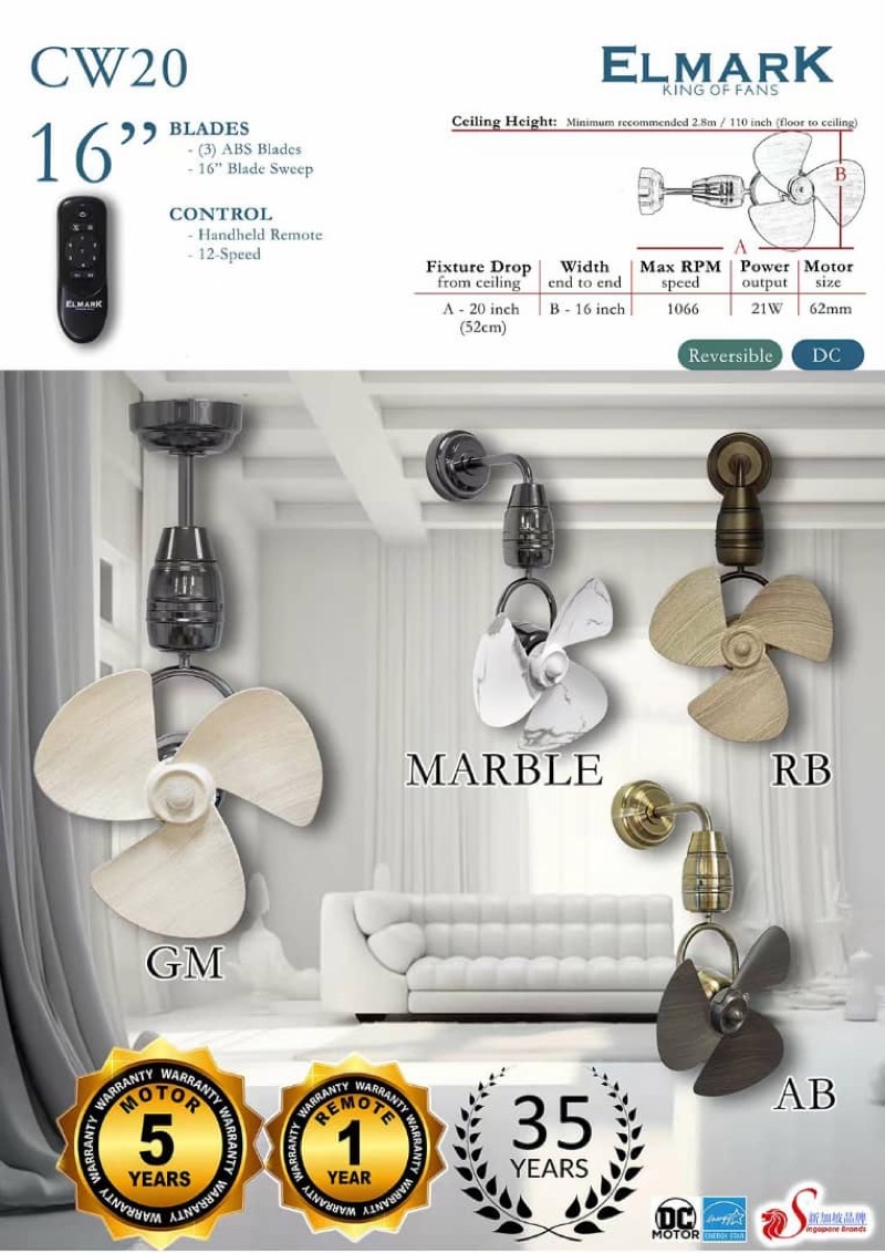 (NEW)Elmark CW20 16”inches DC Motor Remote Control Ceiling Fan/Kipas ...