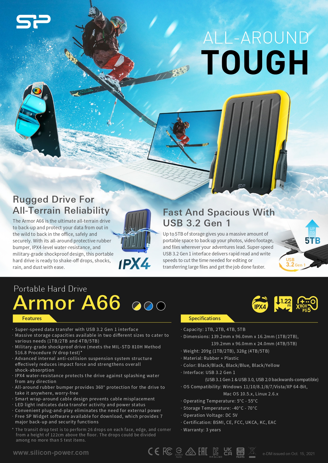 Silicon Power Armor A66 External Hard Drive USB3.2-Black/Blue/Yellow ...