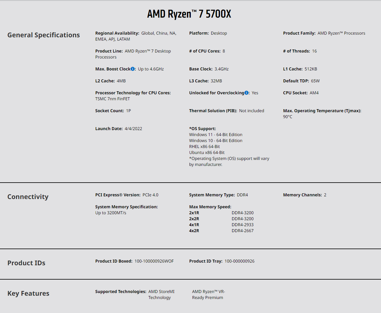 AMD Ryzen™ 7 5700X Gaming Processor Socket AM4 32MB Cache, Up to 4.6GHz ...